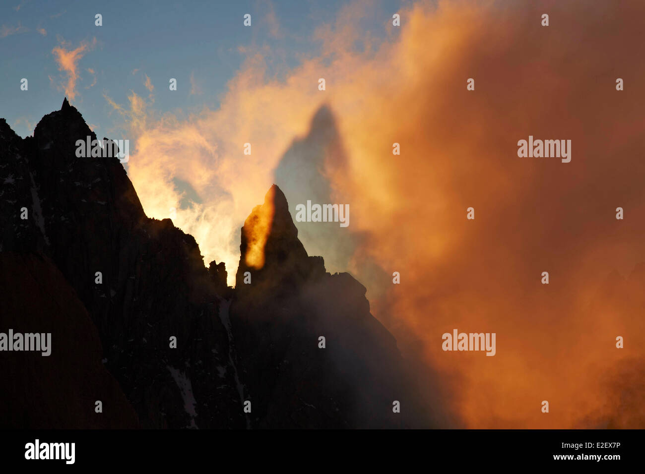 France, Haute Savoie, Chamonix, Aiguilles du Diable (4114m) at sunset ...
