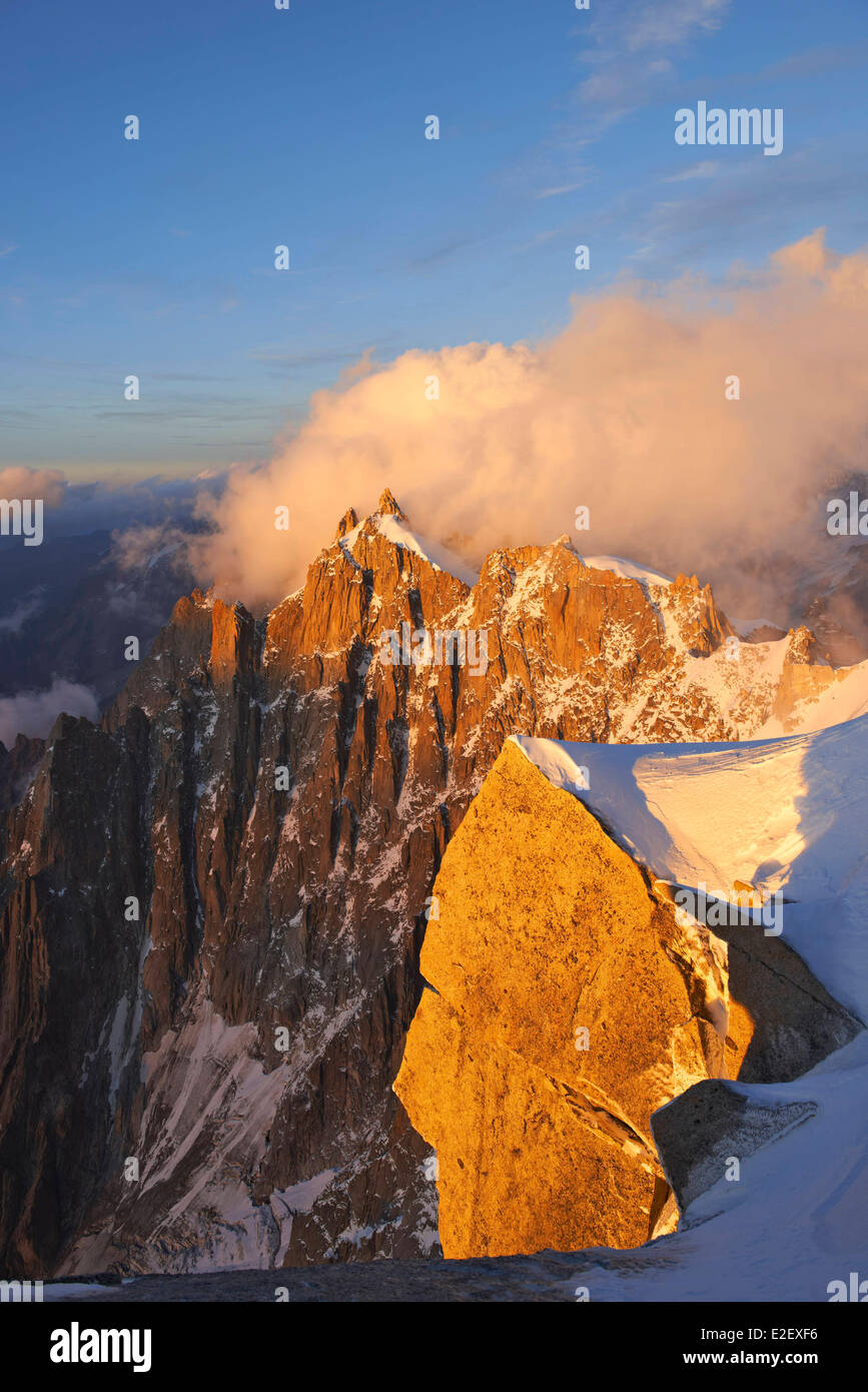 France, Haute Savoie, Chamonix, Aiguille du Plan (3673m) at sunrise ...