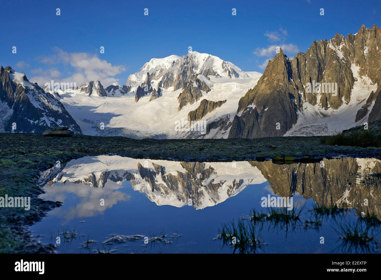 France, Haute Savoie, Chamonix Mont Blanc, Mont Blanc (4810m) at sunset ...