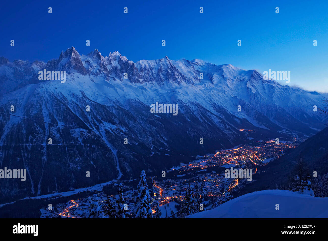 France, Haute Savoie, Chamonix Mont Blanc, Chamonix by night Stock ...