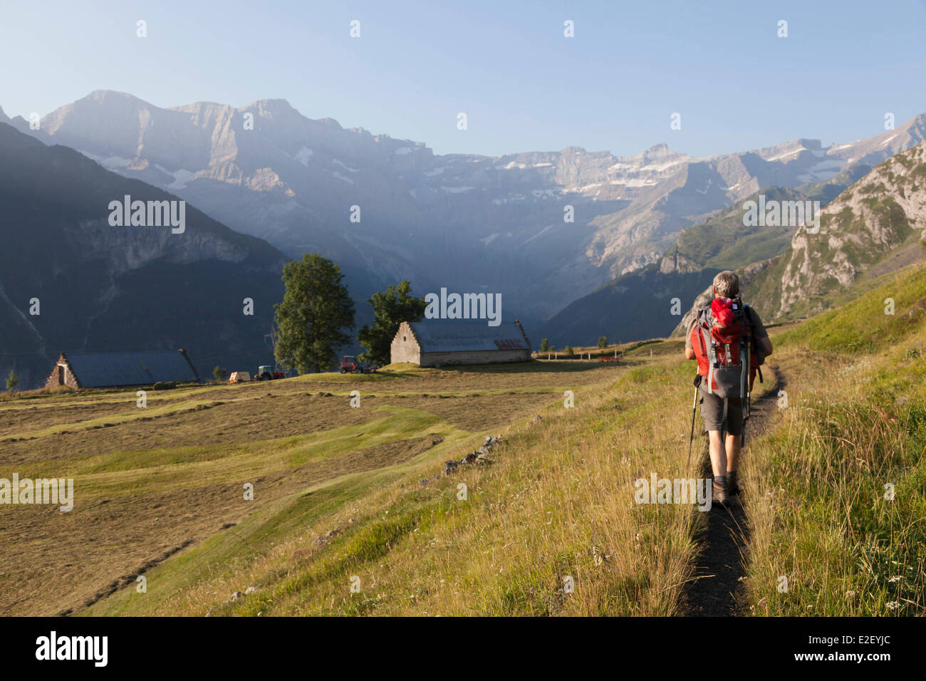 France, Hautes Pyrenees, Gavarnie, hiker on the GR10 footpath, Saugue ...