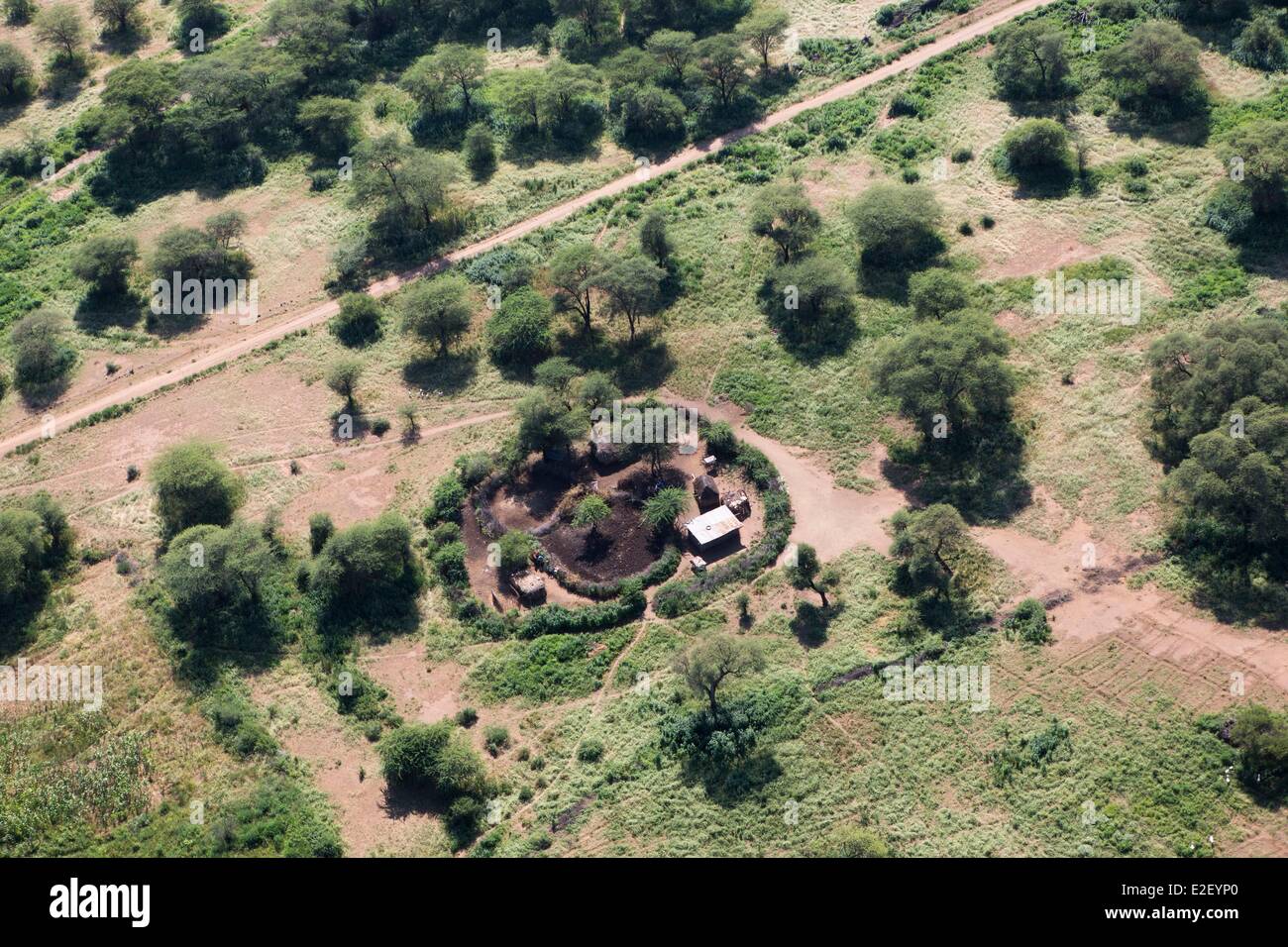 Kenya, lake Magadi, soda (aerial view) of a Masai village Stock Photo ...