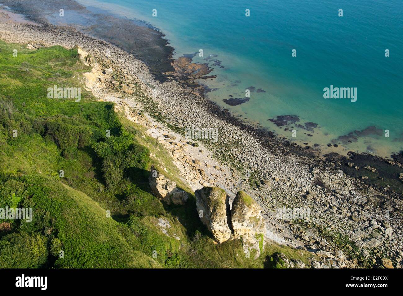 France, Calvados, Longues sur Mer, the cliff (aerial view Stock Photo ...