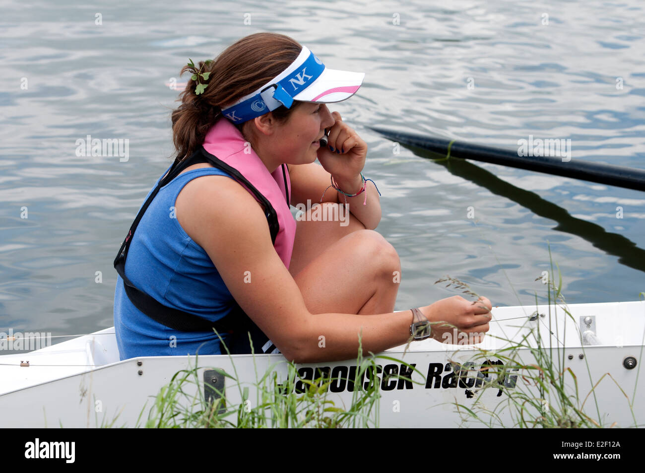 Cambridge May Bumps, an Emmanuel College men`s eight cox before a race ...