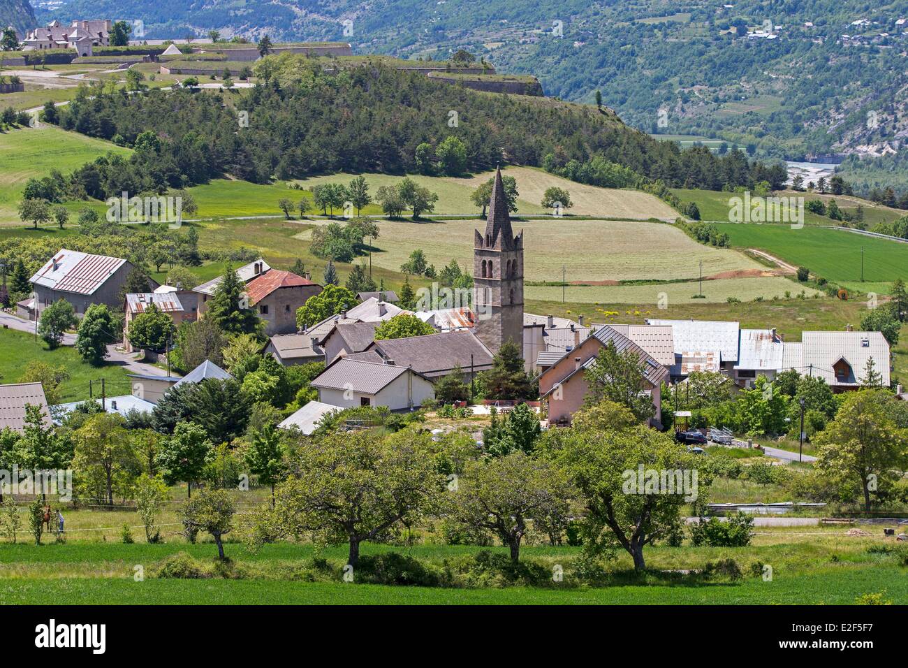 France, Hautes Alpes, Eygliers village, Mont Dauphin behind Stock Photo ...