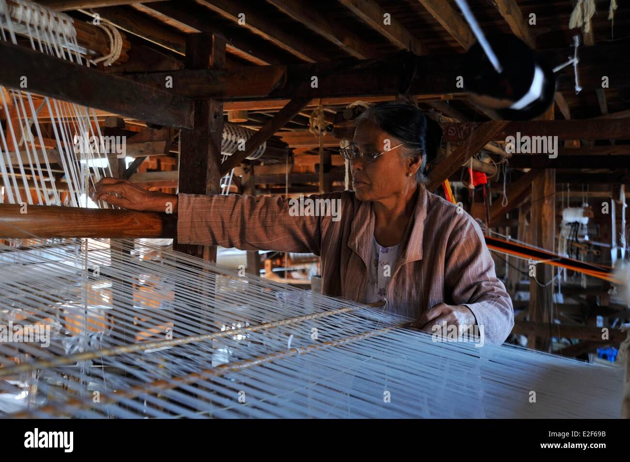 Myanmar (Burma), Shan State, Inle Lake, In Phaw Khone, silk weaving ...