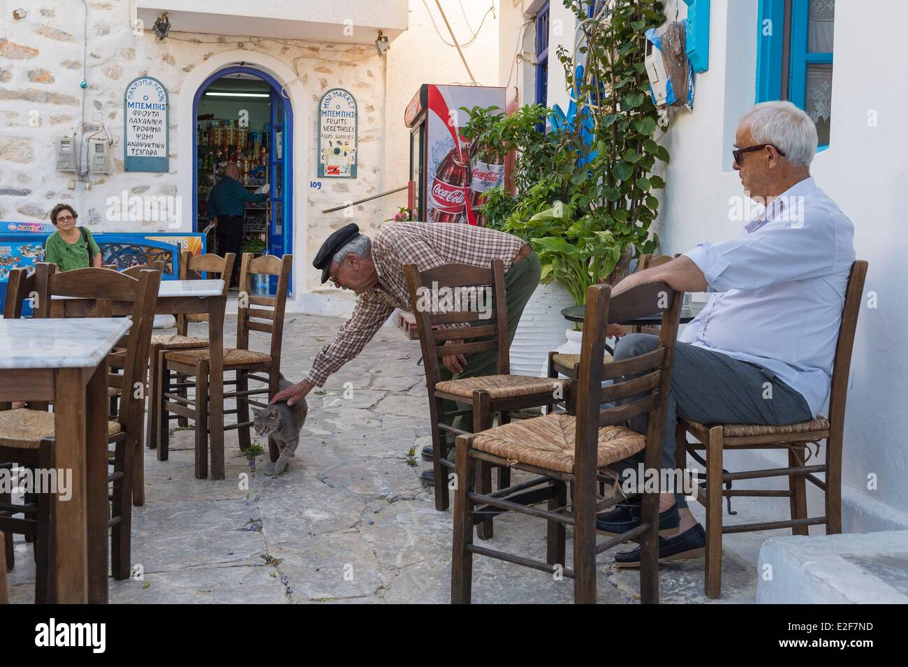 Greece, Cyclades islands, Amorgos island, cafe terrace in Langada ...