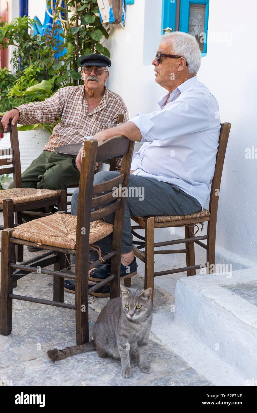 Greece, Cyclades islands, Amorgos island, cafe terrace in Langada ...