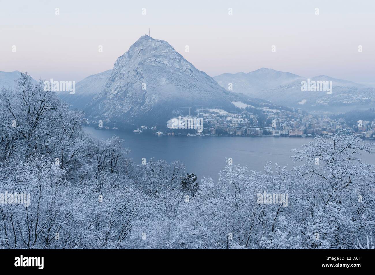 Switzerland, Ticino, Lugano, Mount San Salvatore after a snowfall in ...