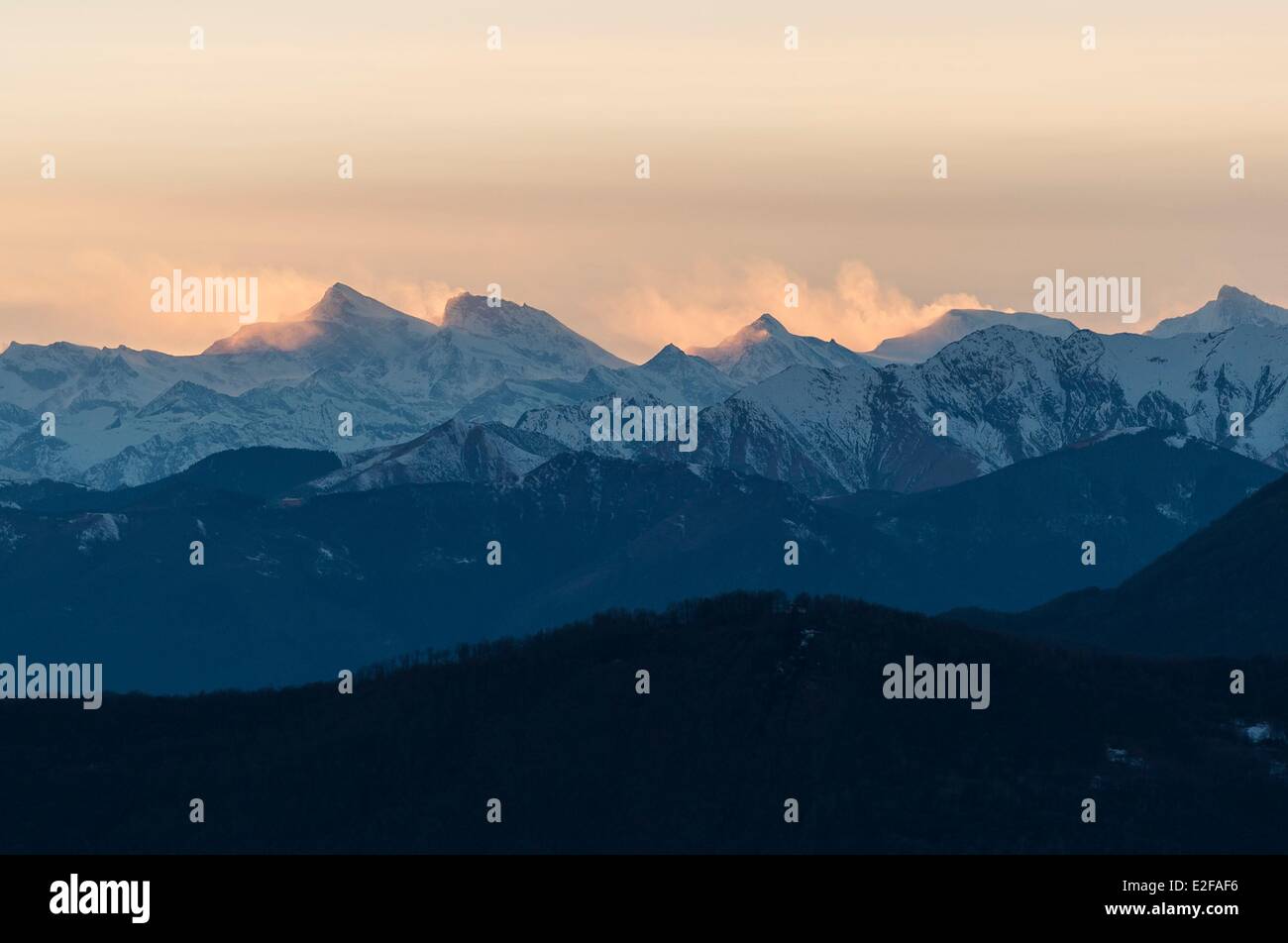 Switzerland, Ticino, Lugano, Monte Bre, view of Monte Rosa at sunset ...