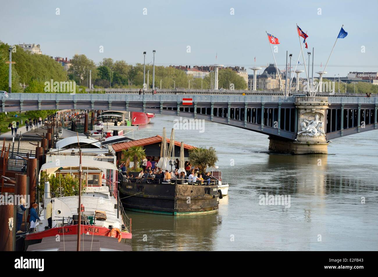 France, Rhone, Lyon, Rhone river banks, barge Cafe moored at quai ...