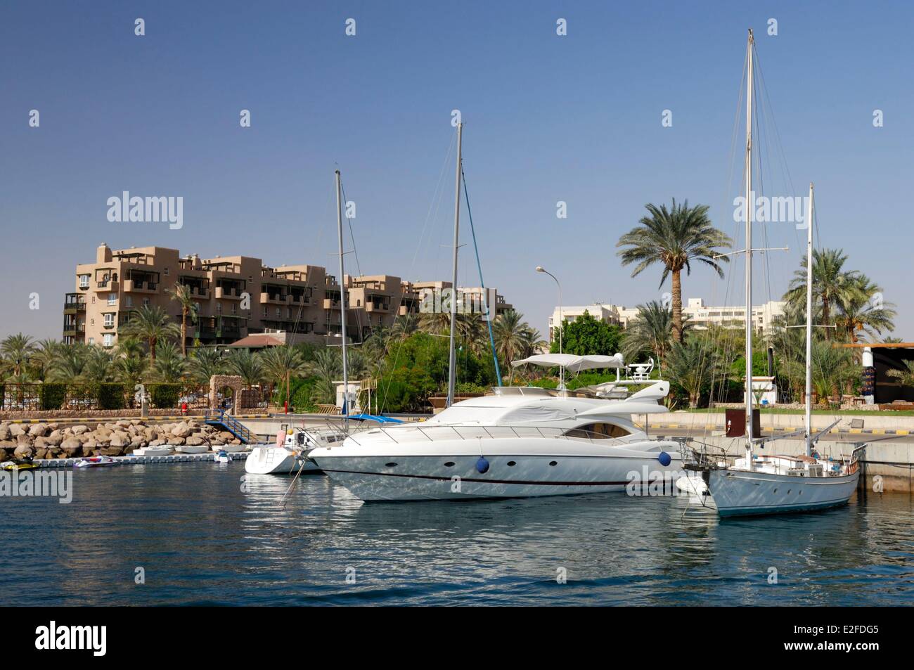 Jordan, Aqaba Governorate, Aqaba, marina, white sailboat docked Stock ...