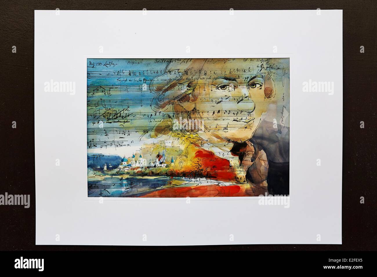 Austria, Salzburg, lithography, portrait de Wolfgang Amadeus Mozart ...