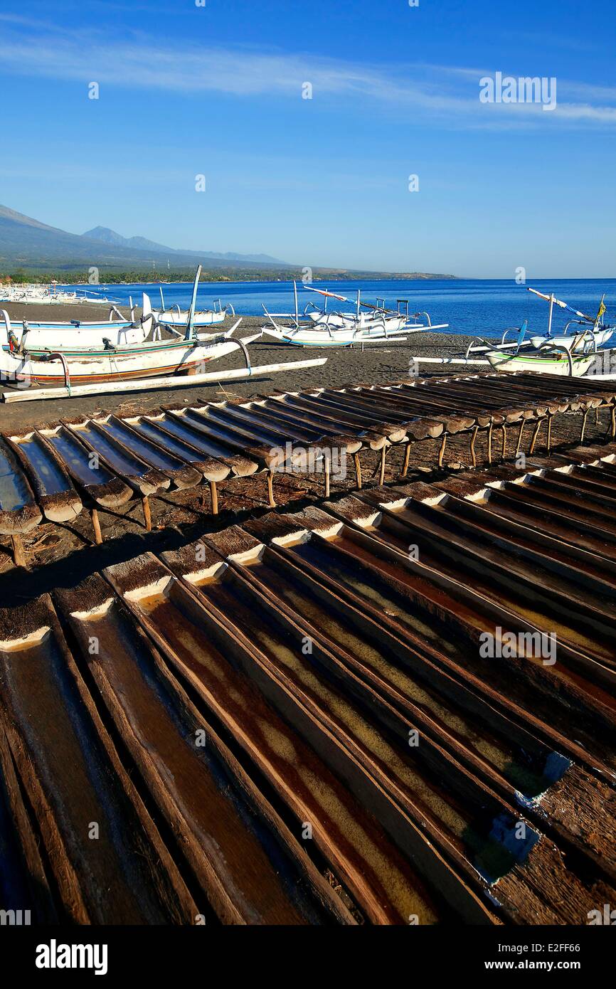 Indonesia, Bali, East Coast, Amed, salt production, Mount Agung in the ...
