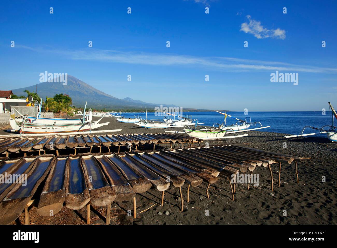 Indonesia, Bali, East Coast, Amed, salt production, Mount Agung in the ...