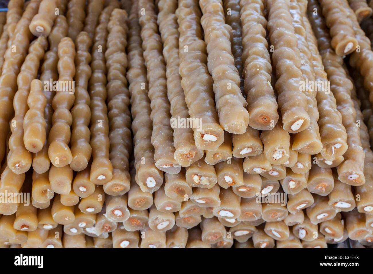 Cyprus, Limassol, market, Soutzoukos sweets made ??mainly with grape ...