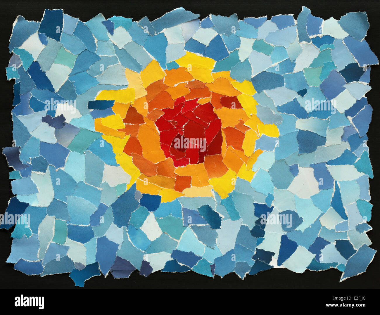 Orange sun in blue sky made from many pieces of torn paper Stock Photo ...