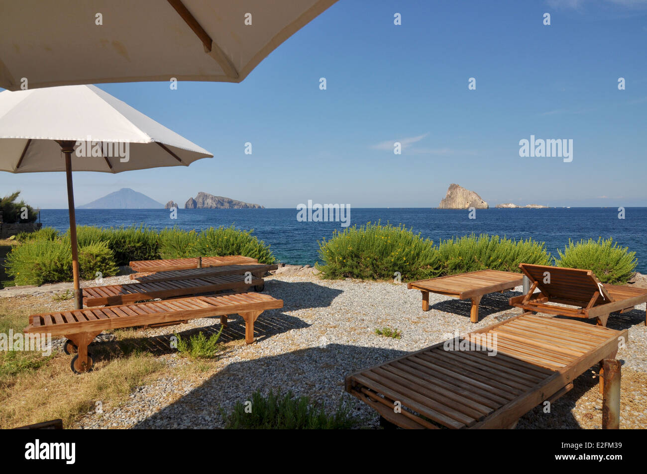 Aeolian Islands, Panarea, Hotel Raya, Stromboli in the background Stock ...