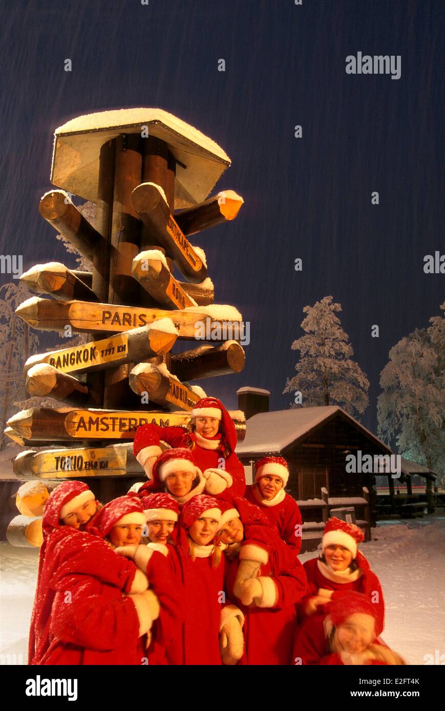 Finland Lapland Rovaniemi Santa Claus' village group of elves before ...