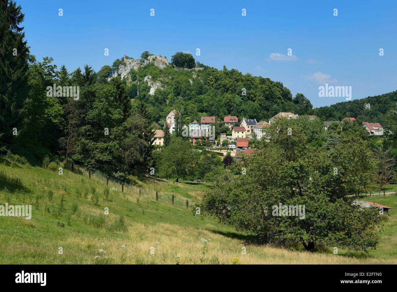 France Haut Rhin Sundgau Ferrette overlooked by its castle Stock Photo ...