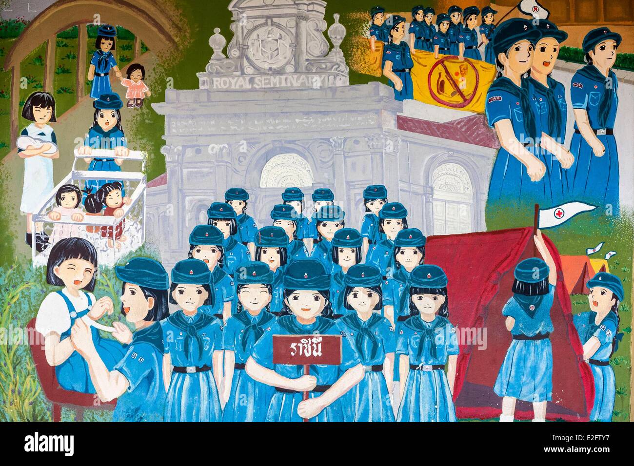 Thailand Bangkok Royal Seminary mural depicting the first girls' school ...