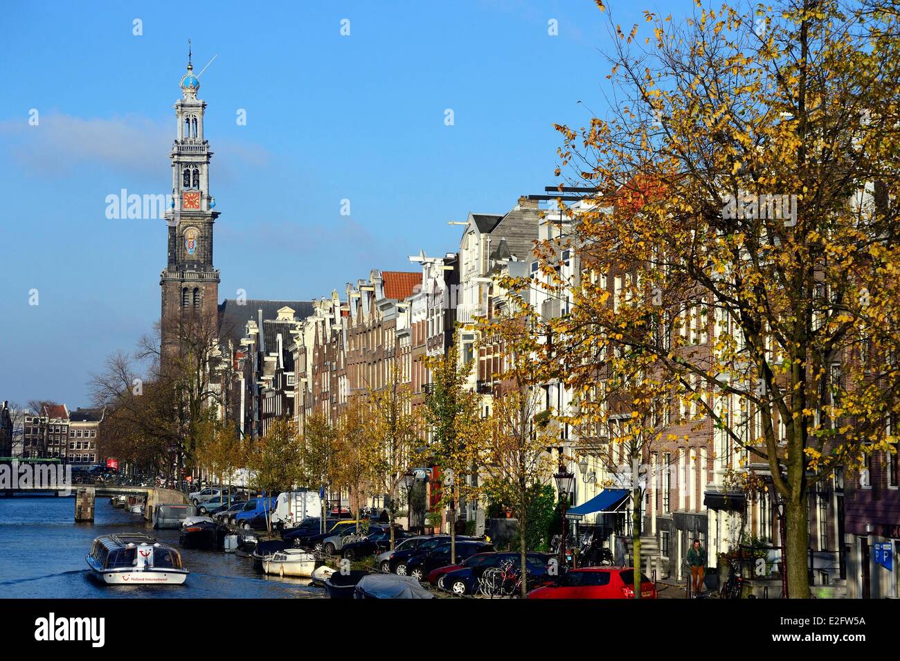 Netherlands Amsterdam Prinsengracht canal and the Westerkerk tower in ...