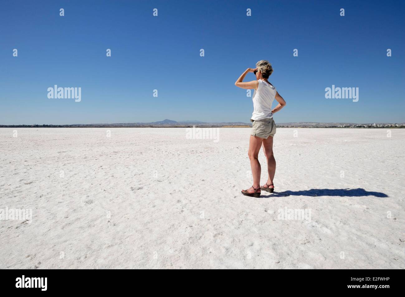 Cyprus Larnaca District Larnaca woman looking at the horizon on the ...