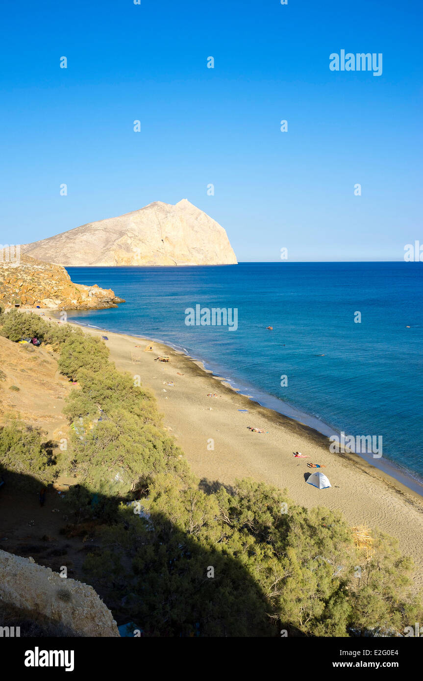 Greece Cyclades Islands Anafi Island Roukounas beach and Kalamos rock ...