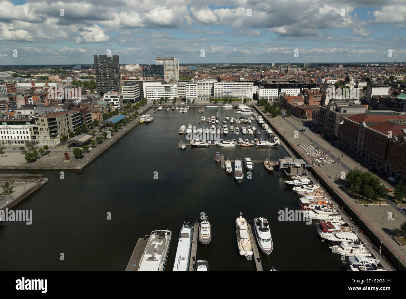 A photograph of the view of the harbor from the MAS museum in Antwerp ...