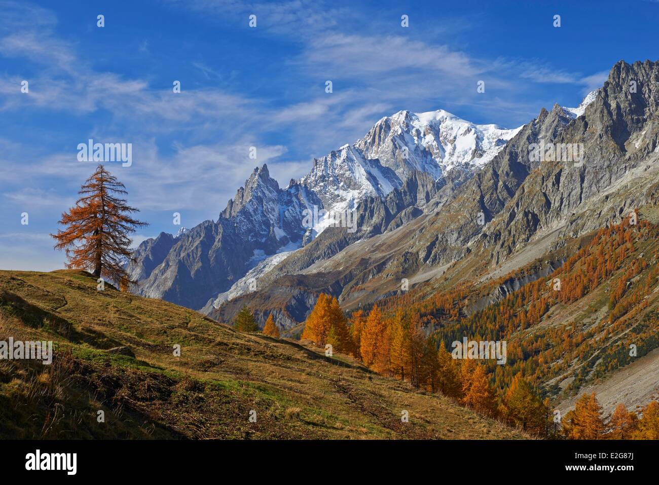 Italy Aosta valley Courmayeur Val Ferret in autumn and Mont-Blanc ...