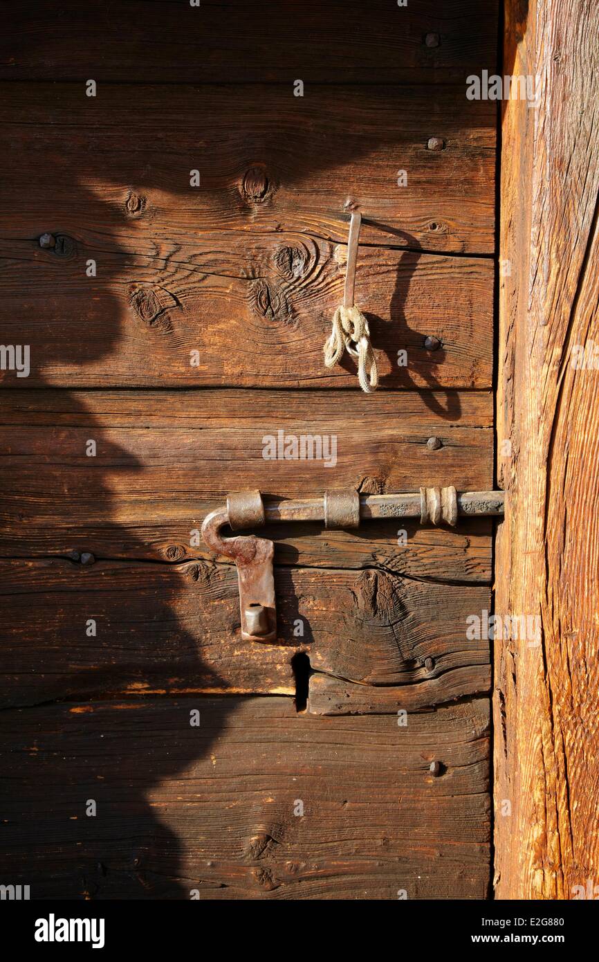 Italy Piedmont Alpe Devero wood door in Alpe Devero valley Stock Photo ...