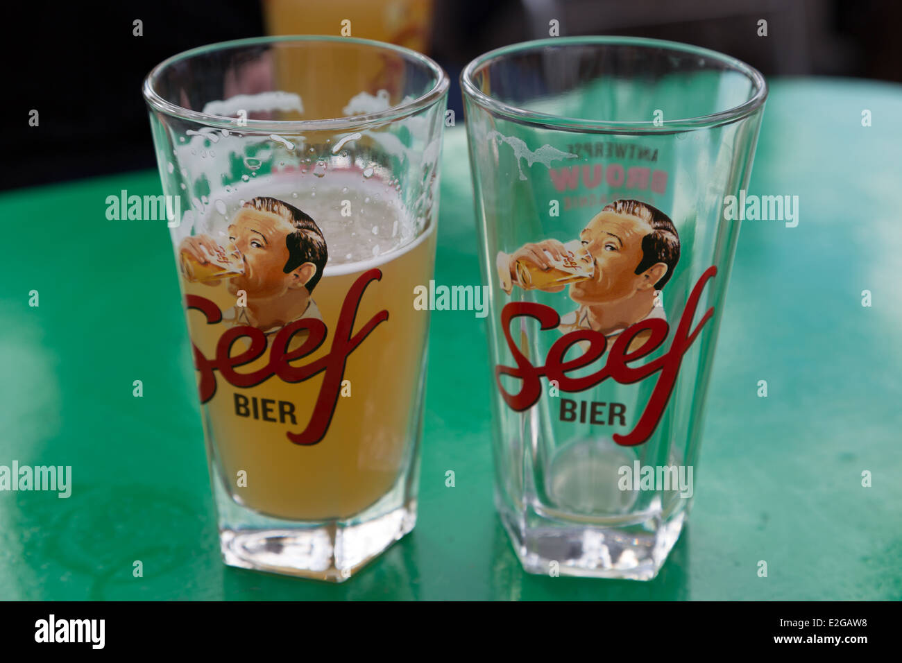 A photograph of two Belgian beers named Seef Bier. Taken in Antwerp ...