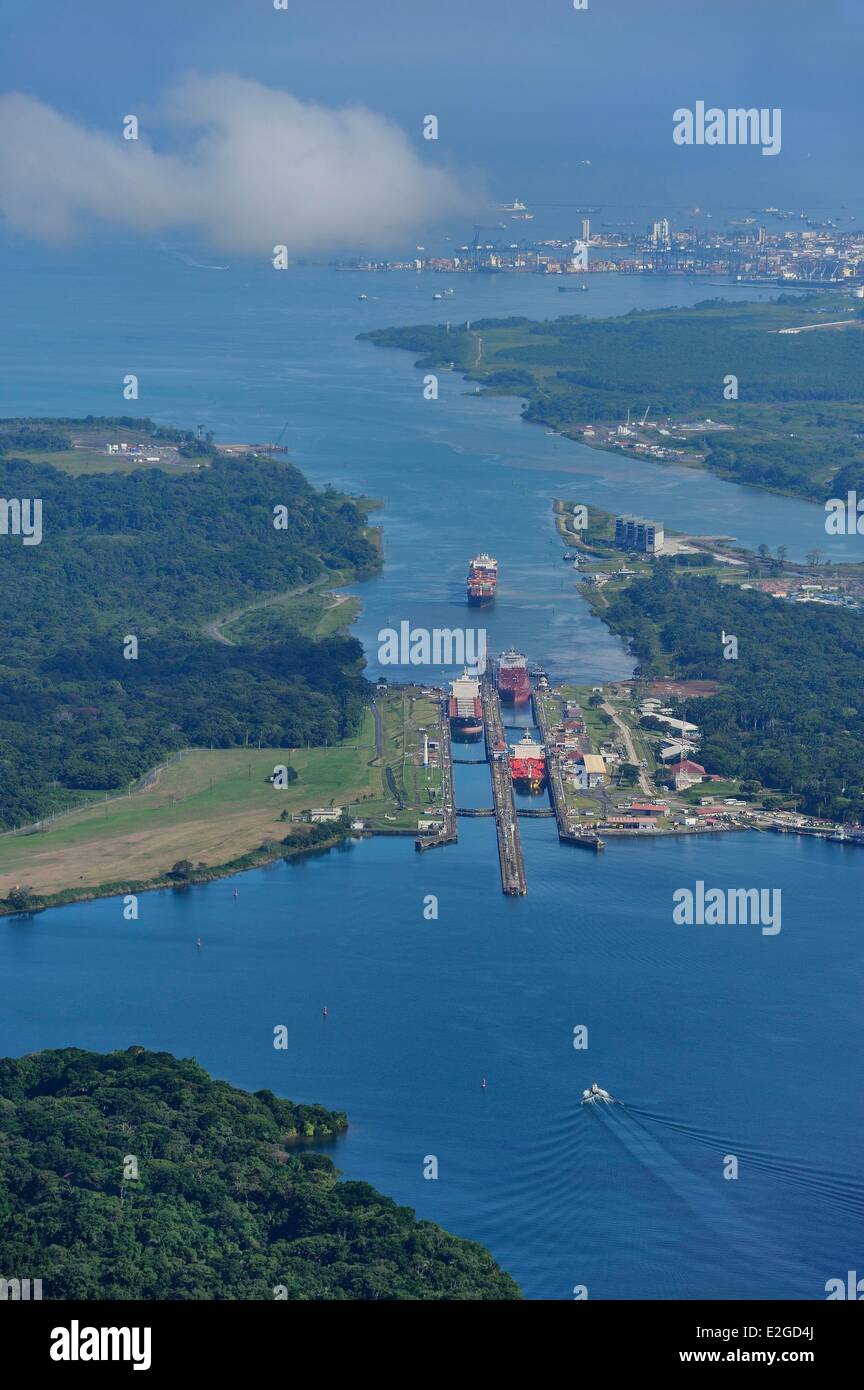 Panama Colon province Panama Canal Panamax cargo passing Gatun locks ...