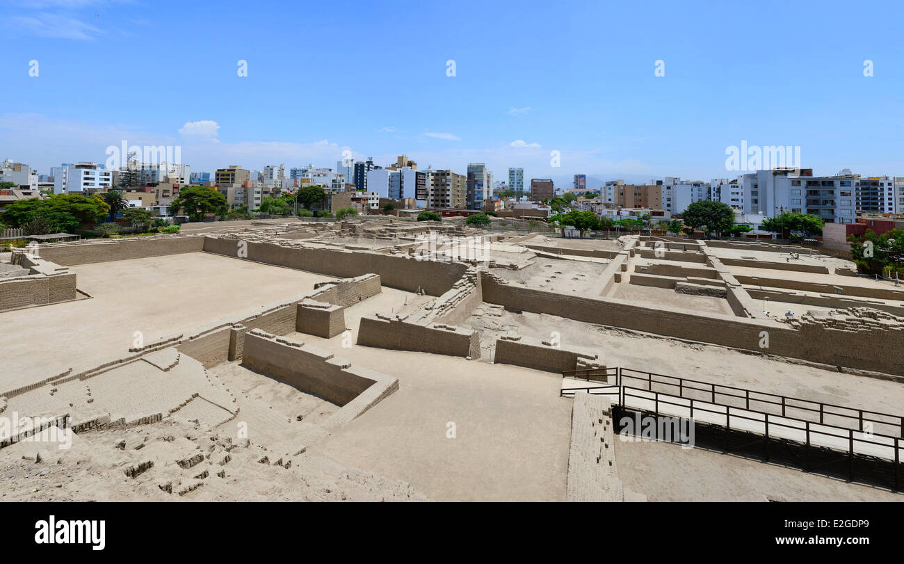 Peru Lima Miraflores District Huaca Pucllana pyramid of adobe bricks ...