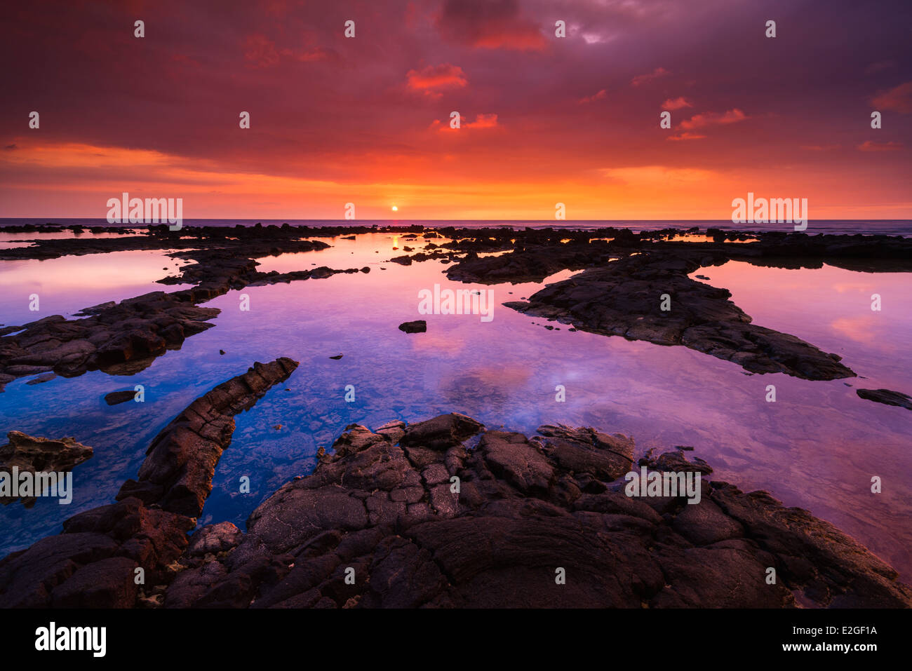 Sunset over the royal fishponds at Hapaiali'i Heiau, Kona Coast, The ...