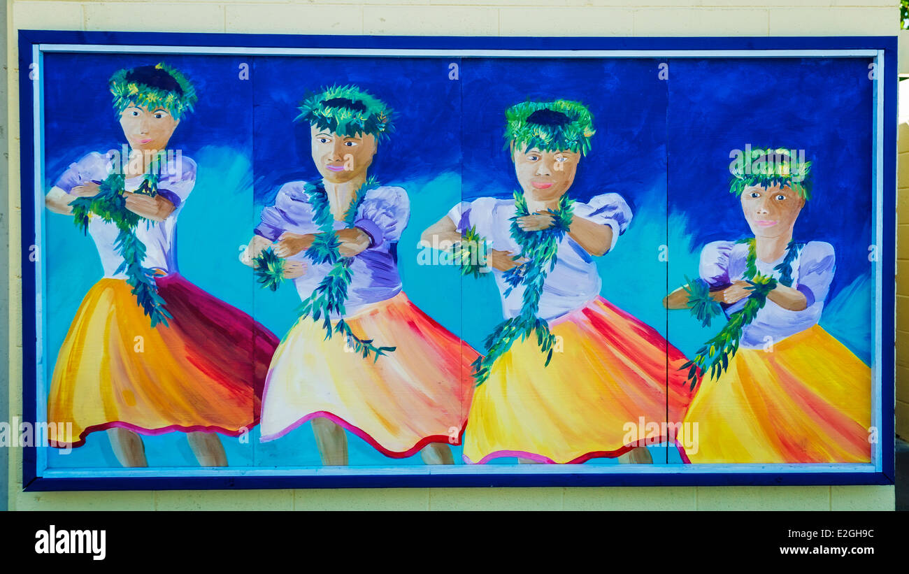 Hula dancers mural, Kailua-Kona, The Big Island, Hawaii USA Stock Photo ...