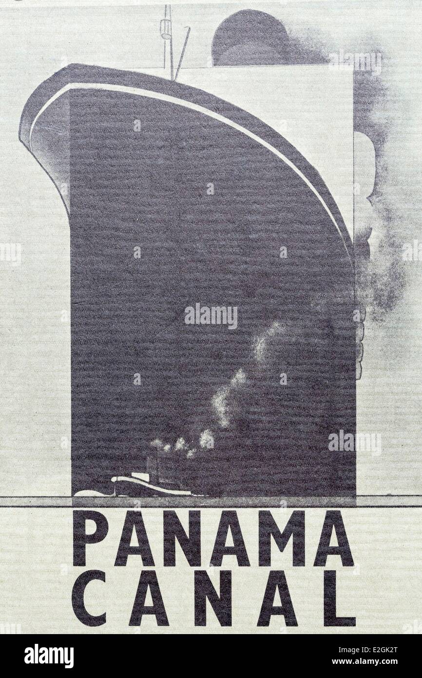 Panama vintage poster of Panama Canal with a boat cruise Stock Photo ...