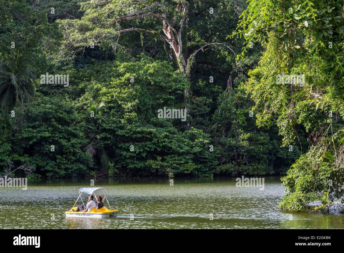 Panama Colon province Portobelo La Represa paddle boat on lake Stock ...