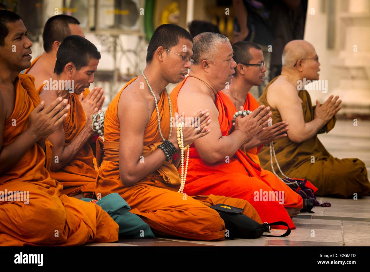 Myanmar (Burma) Yangon Division Yangon Shwedagon Pagoda visiting monks ...
