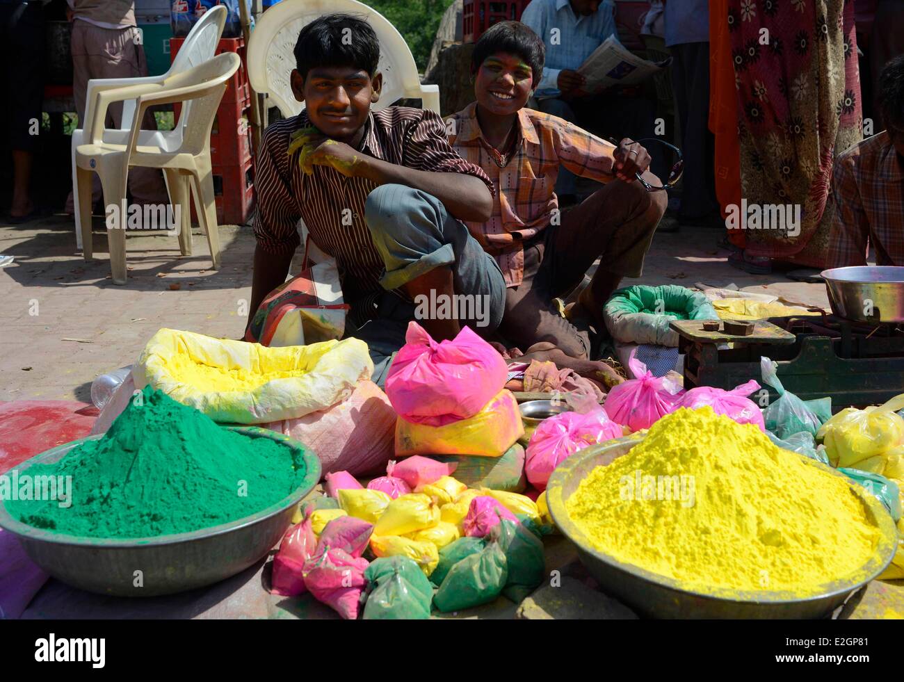 India Uttar Pradesh State in Mathura city children are selling coloured ...