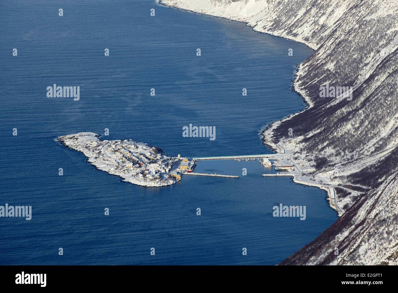 Norway Troms Senja island fishing village of Husoy island in winter ...