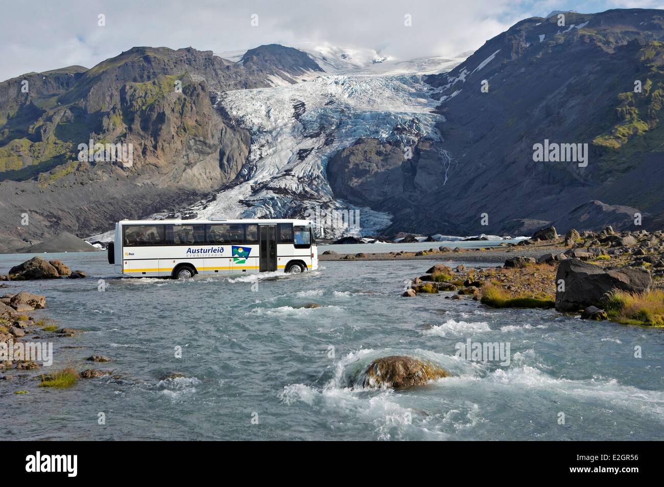 Iceland bus crossing a river close to Thorsmork Landmannalaugar ...