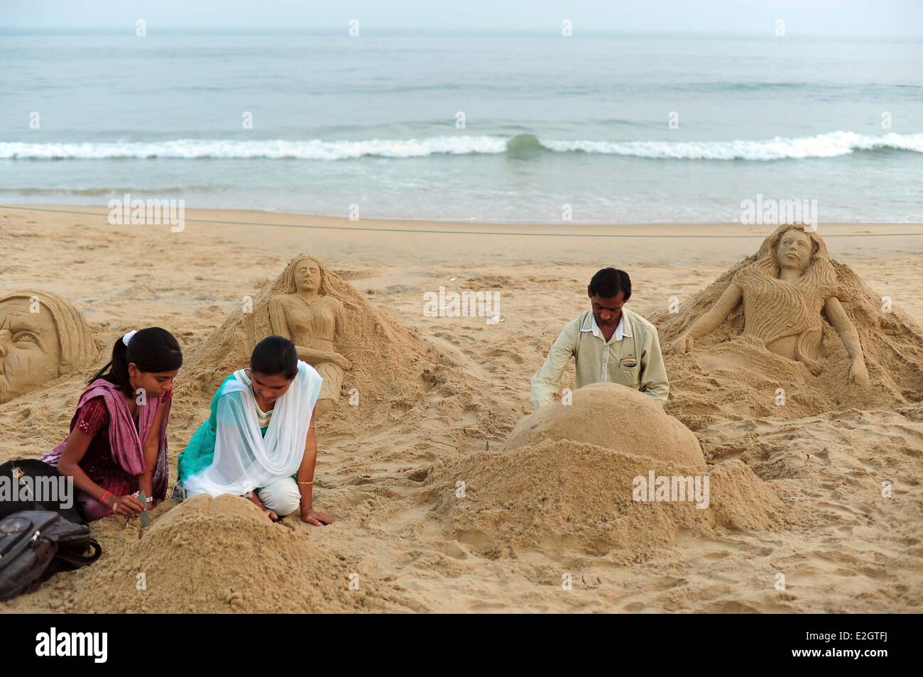 India Odisha state Puri making f sand sculptures on beach during Puri ...