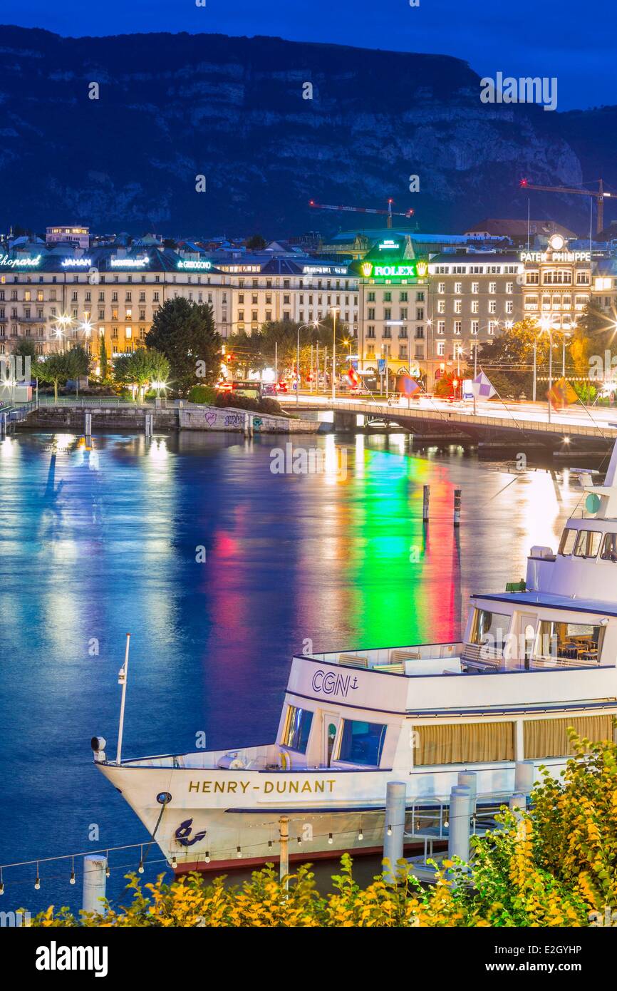 Switzerland Geneva overlooking lakeside promenade Pont du Mont Blanc ...