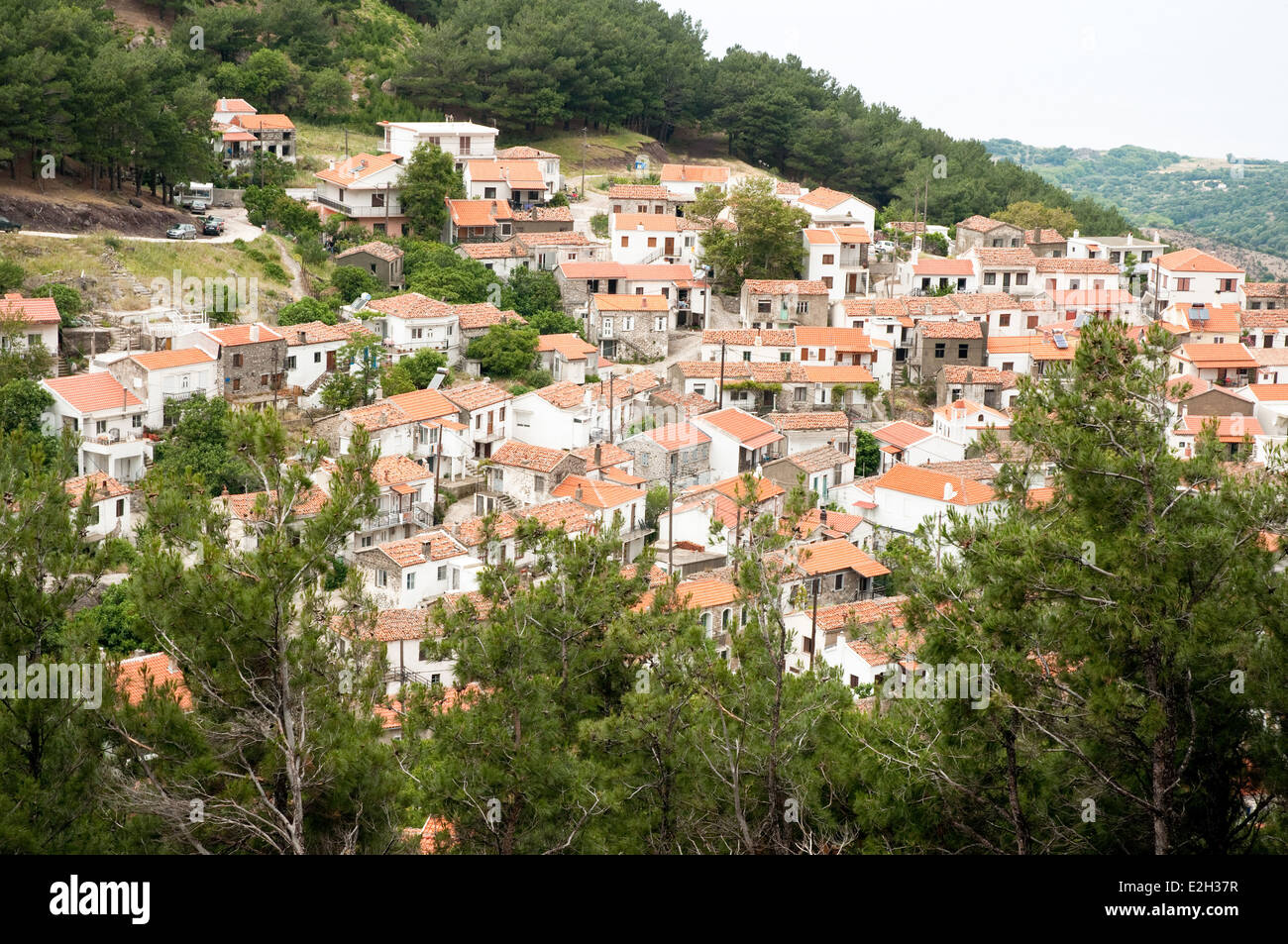 The traditional mountain village of Chora (Hora) in the north Aegean ...