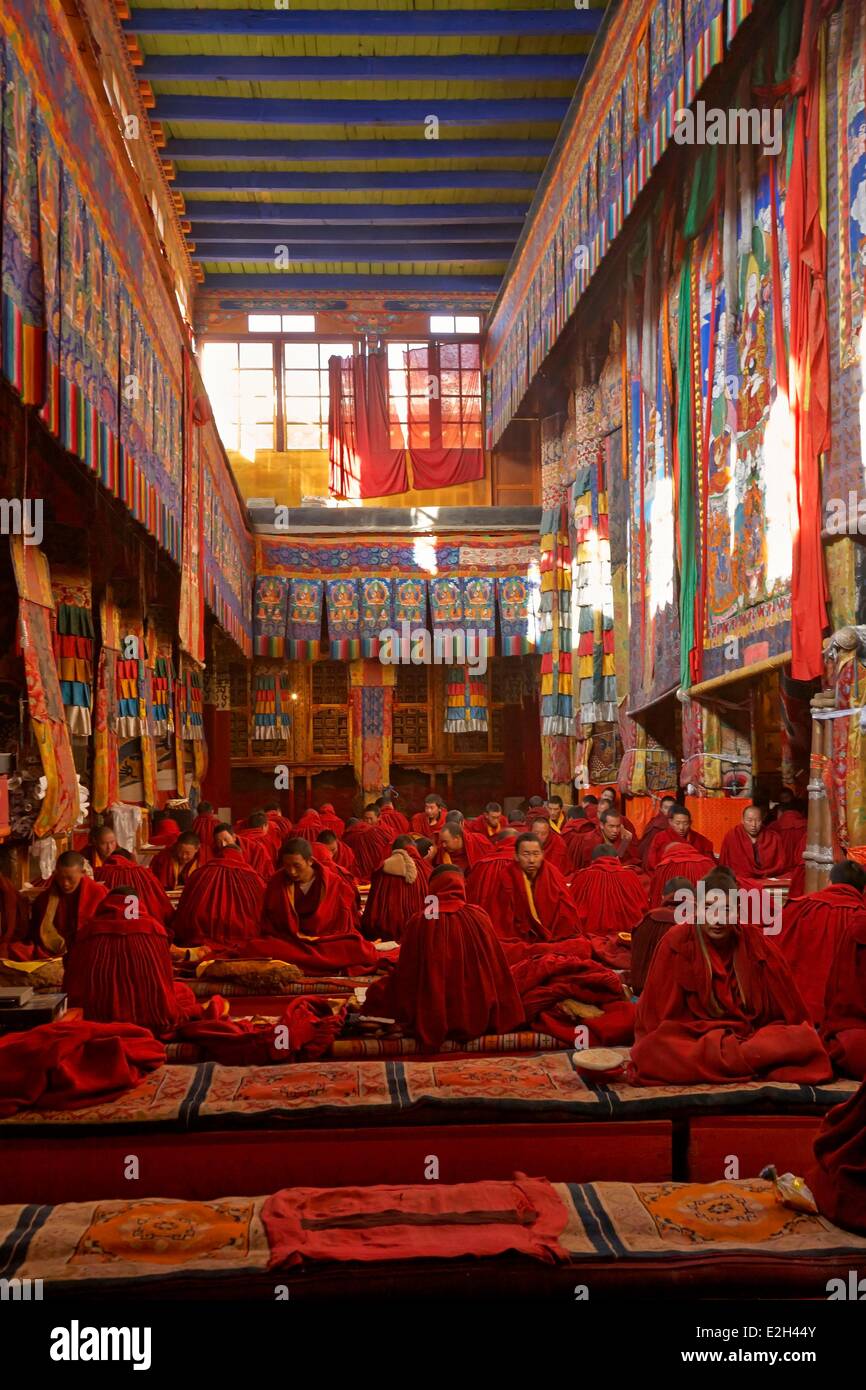 China Tibet Ganden buddhist religious ceremony at Ganden monastery ...