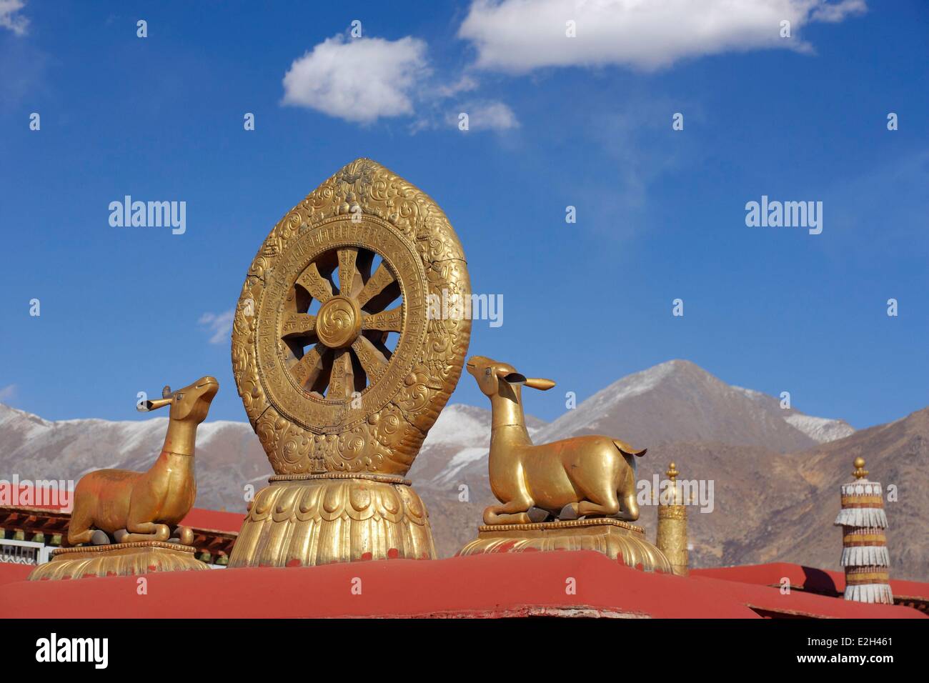 China Tibet Lhassa Buddist symbol on roof of Jokhang monastery this ...