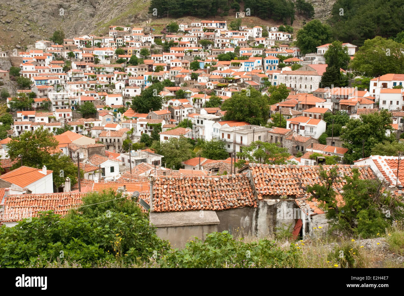 The traditional mountain village of Chora (Hora) in the north Aegean ...