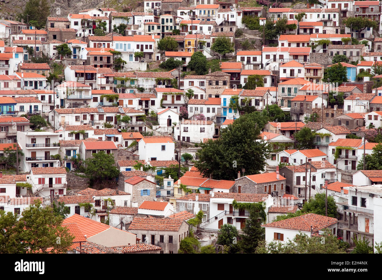 The traditional mountain village of Chora (Hora) in the north Aegean ...