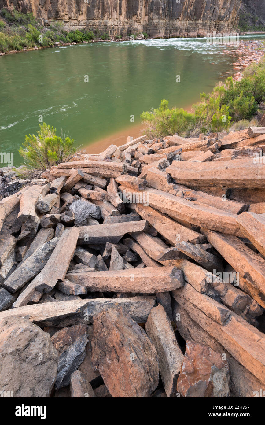Broken pieces of columnar basalt above the Colorado River in the Grand ...